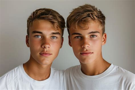 Premium Photo Two Twin Brothers In White Tshirts Pose Against A