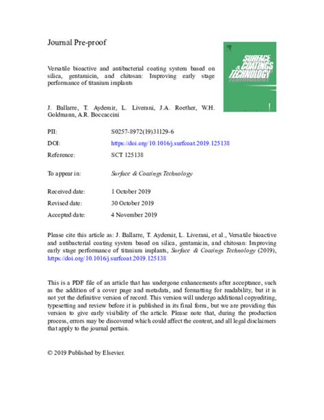 Pdf Versatile Bioactive And Antibacterial Coating System Based On Silica Gentamicin And