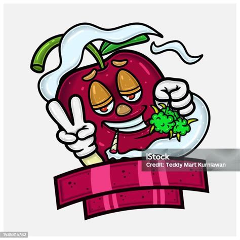 체리 과일 마스코트 만화 캐릭터는 잡초 꽃봉오리 흡연 및 빈 표지판 라벨이 있습니다 건강관리와 의술에 대한 스톡 벡터 아트 및 기타 이미지 건강관리와 의술 건강한