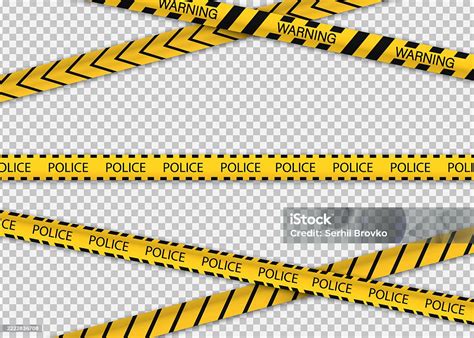 범죄 현장 또는 위험 지역 디자인에 사용되는 투명 배경에 검은색 텍스트와 줄무늬가 있는 사실적인 노란색 경찰 및 경고 테이프입니다 가장자리에 대한 스톡 벡터 아트 및 기타