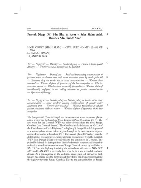 Puncak Niaga M Sdn Bhd And Anor V Sykt Sidhu Adek Beradek Sdn Bhd And Anor Pdf Negligence