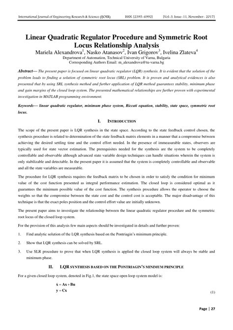 Pdf Linear Quadratic Regulator Procedure And Symmetric Root Locus Relationship Analysis