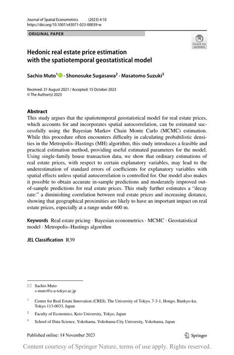 PDF Hedonic Real Estate Price Estimation With The Spatiotemporal Geostatistical Model