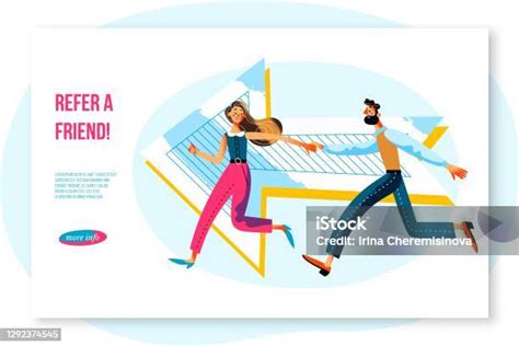 친구 웹 페이지 템플릿을 참조 여자를 추천 남자 비즈니스 추천 벡터 그림입니다 사람들은 생각하고 일자리를 요구하고 친구를 추천합니다 회사로 실행 화살표 기호 기호 걷기에