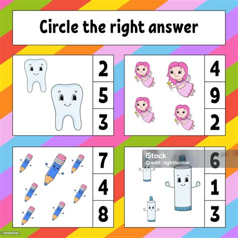정답을 동그라미로 합니다 워크시트를 개발하는 교육 사진이 있는 활동 페이지입니다 어린이를위한 게임 색상 격리 된 벡터 그림입니다 재미있는 캐릭터 만화 스타일 0명에 대한