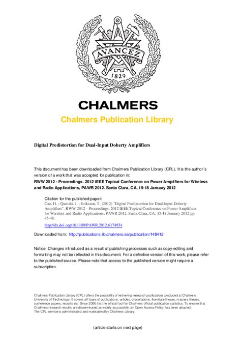 Pdf Digital Predistortion For Dual Input Doherty Amplifiers