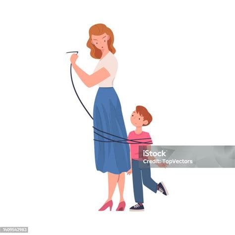밧줄로 묶인 여자 어머니 그녀의 어린 아들은 부모와 자녀 사이의 문제가되는 의사 소통과 오해로 벡터 일러스트 레이 션 개념에 대한 스톡 벡터 아트 및 기타 이미지 Istock