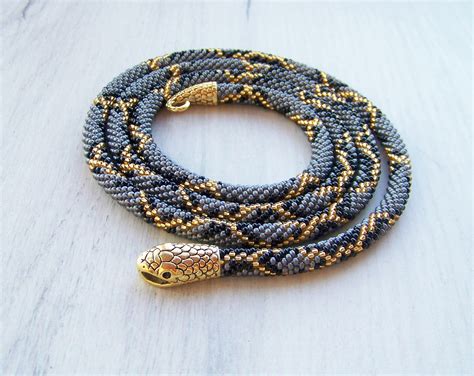 Gray Serpent Necklace Bead Crochet Python Necklace Etsy