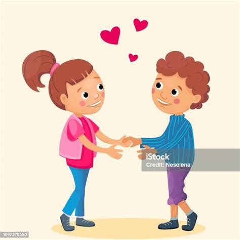 예쁜 여자와 곱슬 소년 손을 잡고 서로 발렌타인 데이 대 한 만화 그림입니다 사랑 개념에 떨어지고 벡터 문자 2명에 대한 스톡 벡터 아트 및 기타 이미지 Istock