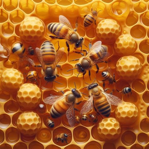 Premium Photo Yellow Honey Cells With Five Bees On Them Top View