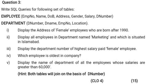 question 3 write sql queries for following set of tables employee