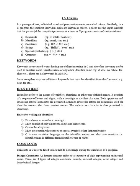 C Tokens Pdf Reserved Word Teaching Methods And Materials