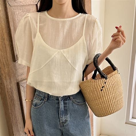 리얼코코 뮤이닝 뷔스티에 레이어드 블라우스 3 Color 여름썸머반팔하객룩시스루퍼프면접