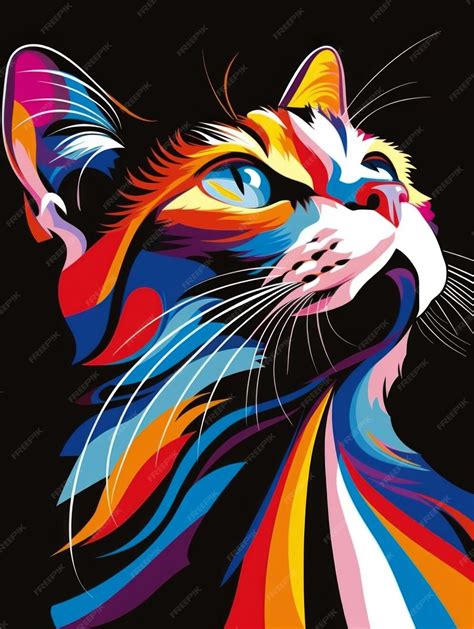 Colorful Abstract Cat Portrait With Vibrant Artistic Stripes Premium