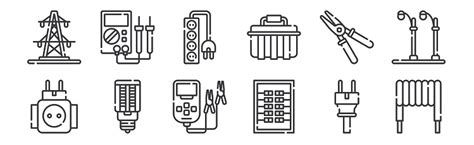 선형 전기 도구 및 요소 아이콘 의 12 세트 인덕터 회로 Led 램프 펜치 파워 스트립 웹용 멀티미터 모바일과 같은 얇은