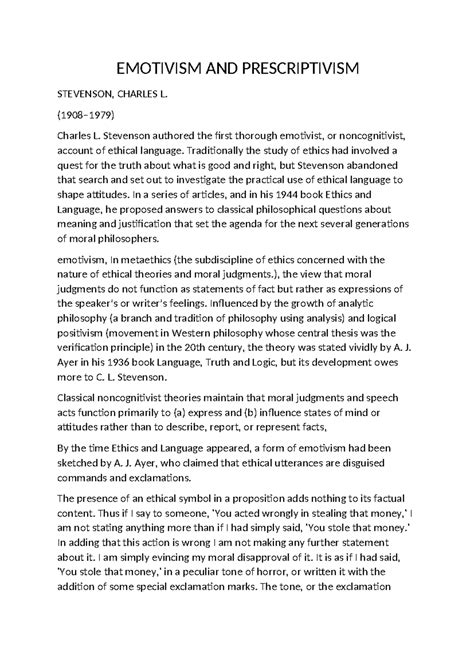 Emotivism Summary Bechelor Of Art Philosophy Honours Emotivism And Prescriptivism Stevenson
