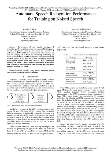 Pdf Automatic Speech Recognition Performance For Training On Noised Speech