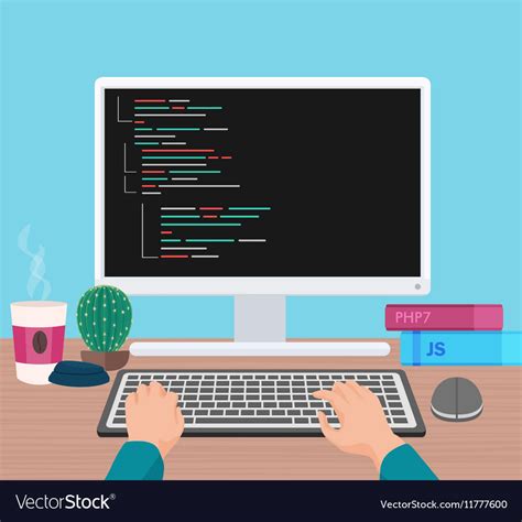 Man Programmer Hands Working On His Pc Computer Vector Image
