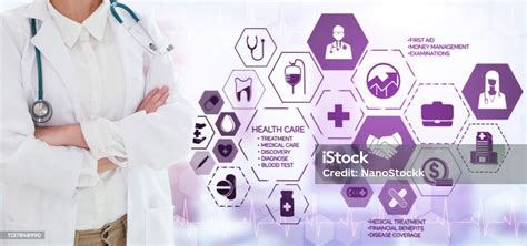 의료 의료 개념의학 의료 사람들 응급 서비스 네트워크 환자 건강의 의사 데이터의 상징을 보여주는 디지털 의료 아이콘 그래픽 배너와 병원에서 의사 간호사에 대한 스톡 사진 및