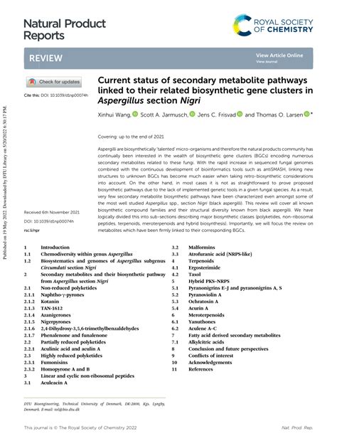Pdf Current Status Of Secondary Metabolite Pathways Linked To Their