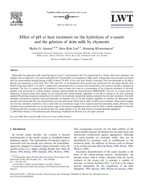 Pdf Effect Of Ph At Heat Treatment On The Hydrolysis Of κ Casein And