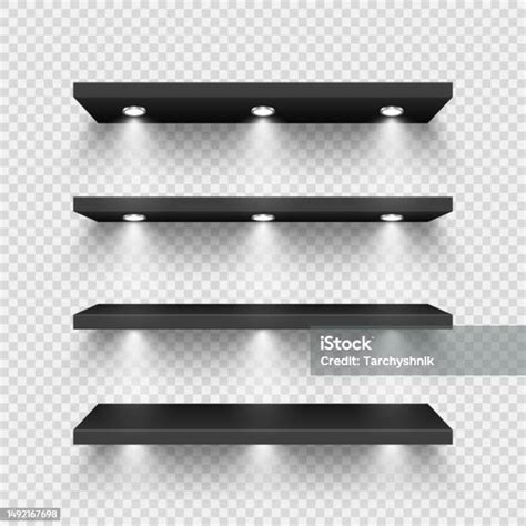 조명 스포트라이트가있는 현실적인 검은 색 상점 선반 빈 제품 선반 식료품 벽 선반 쇼핑몰 및 슈퍼마켓 가구 책장 현대적인 인테리어 디자인 요소 벡터 그림 0명에 대한 스톡