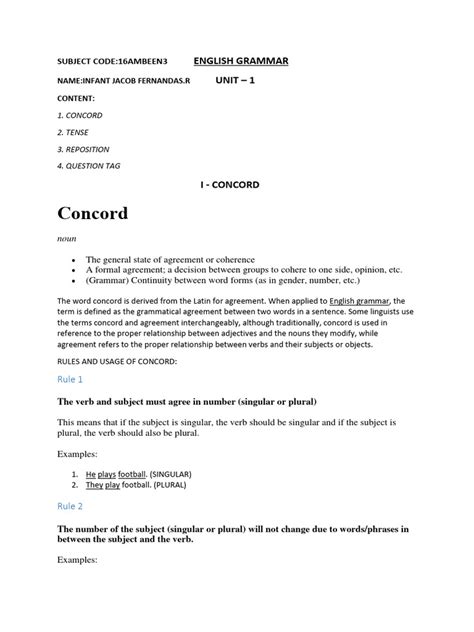Rules Of Concord 2 Pdf Grammatical Number Verb
