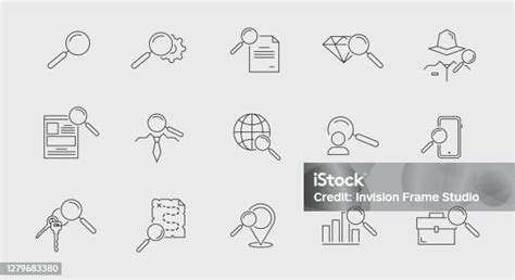 돋보기로 설정된 아이콘을 검색합니다 흰색 배경에서 격리된 관련 아이콘을 검색합니다 익명 구직 검색 및 기타 아이콘 벡터 일러스트레이션 개념에 대한 스톡 벡터 아트 및 기타