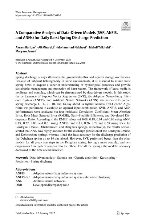 Pdf A Comparative Analysis Of Data Driven Models Svr Anfis And Anns For Daily Karst Spring
