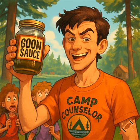 A Smiling Camp Counselor In An Orange Shirt Holds Up A Jar Labeled