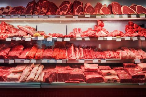Selection Of Fresh Raw Red Meat In Supermarket Different Cuts Of Prime