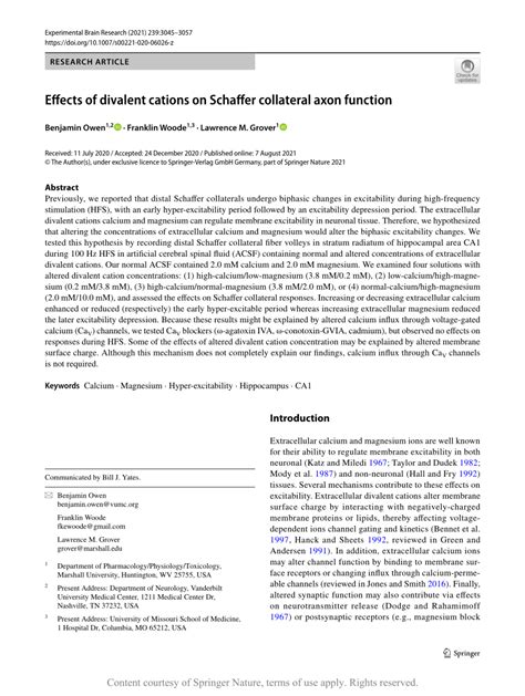 Effects Of Divalent Cations On Schaffer Collateral Axon Function