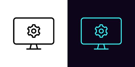 편집 가능한 획이 있는 윤곽선 Pc 모니터 아이콘입니다 기어 휠 기호가 있는 모니터 화면 프레임 디스플레이 설정 픽토그램 모니터
