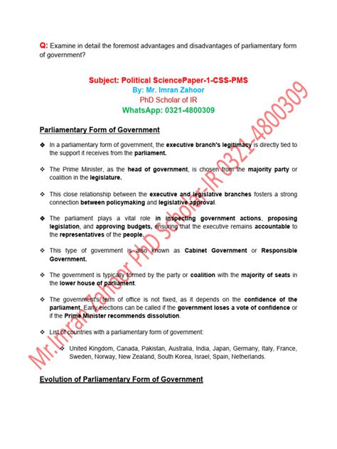 Lecture Notes Parliamentary Form Of Government Pdf World Politics
