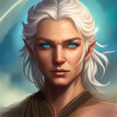 Portrait Of An Elven Druid With Short White Hair Blue Eyes A Light Smile Brown Robes In The