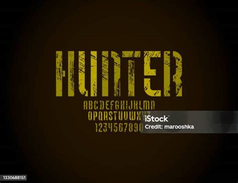 스텐실 그린 글꼴 압축 된 대담한 군사 알파벳 현대 기하학적 모듈 문자 및 숫자 벡터 일러스트 손상에 대한 스톡 벡터 아트 및