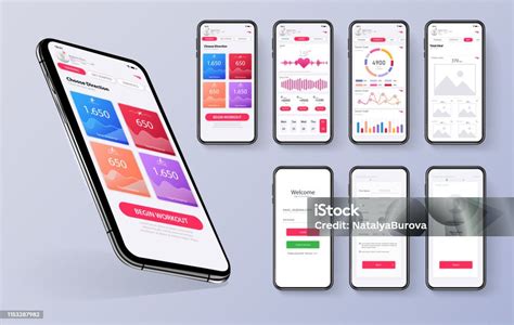 다른 ui ux gui 화면 피트 니스 응용 프로그램 및 모바일 애플 리 케이 션을 위한 플랫 웹 아이콘 응답 웹 사이트를 포함