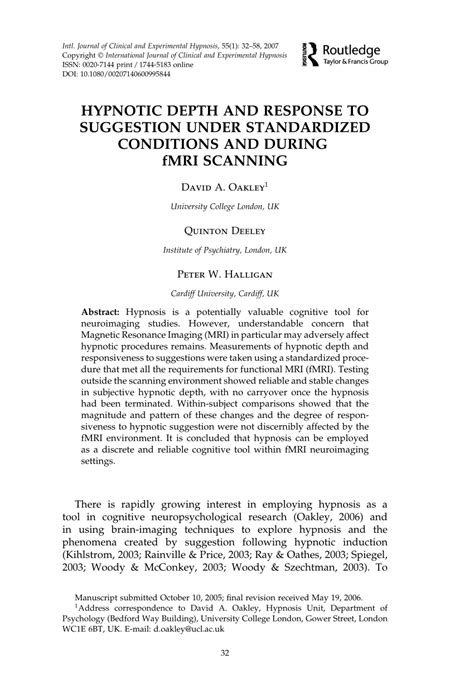Pdf Hypnotic Depth And Response To Suggestion Under Standardized Conditions And During Fmri