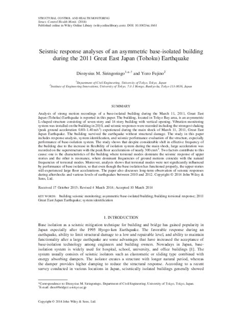 Pdf Seismic Response Analyses Of An Asymmetric Base Isolated Building During The 2011 Great