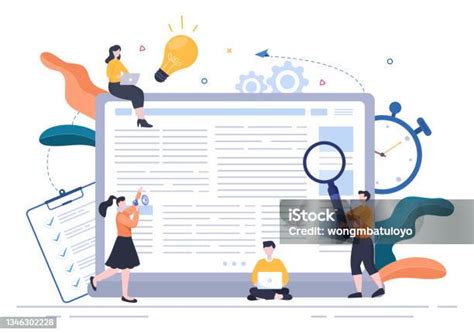 콘텐츠 작가 또는 저널리스트 배경 벡터 일러스트레이션 복사 쓰기 연구 개발 아이디어 및 플랫 스타일소설 또는 책 스크립트 광고에 대한 스톡 벡터 아트 및 기타 이미지