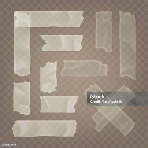 사실적인 투명 접착제 테이프 세트 체크 무늬 배경에 끈적 끈적한 스카치 덕트 종이 스트립 벡터 일러스트레이션 개체 그룹에 대한