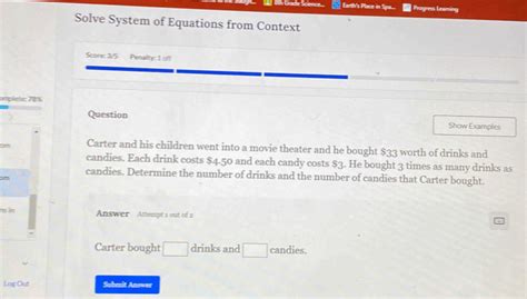 Solved 3th Grade Science Earths Place In Spa Progress Leaming Solve System Of Equations