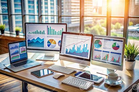 Business Data Analyst Workstation With Multiple Screens Displaying