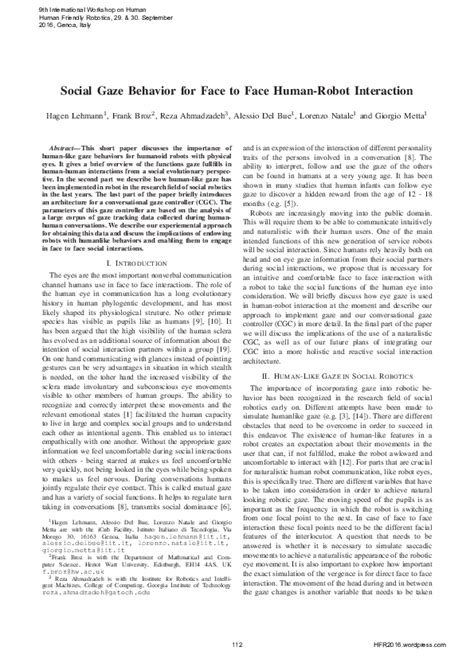 Pdf Social Gaze Behavior For Face To Face Human Robot Interaction