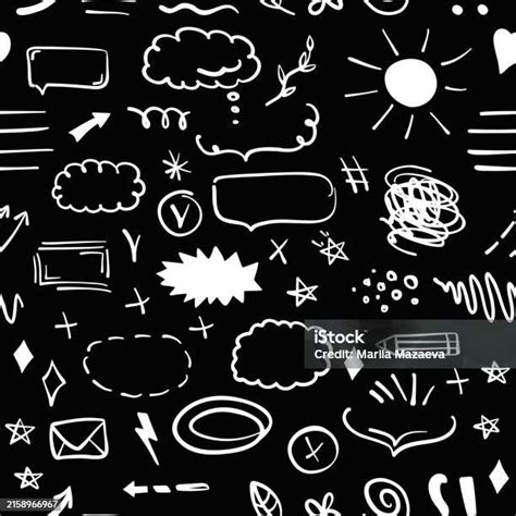 간단한 스케치 선 스타일 완벽 한 패턴 칠판 배경 낙서 귀여운 잉크 펜 라인 요소 낙서 화살표 심장 별 장식 기호 아이콘입니다 벡터 일러스트 레이 션입니다 검은색에 대한