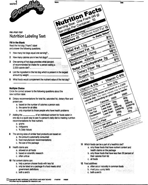 Answer Key For Nutrition Label Worksheet