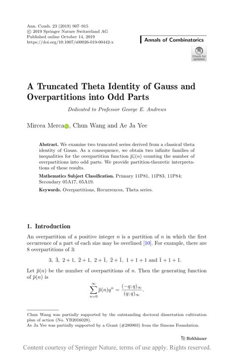 A Truncated Theta Identity Of Gauss And Overpartitions Into Odd Parts Request Pdf