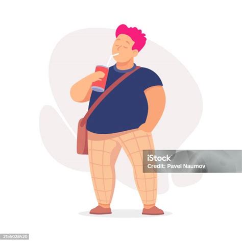 몸 긍정적인 행복한 남자 특성 서 있는 와 음료 소다 벡터 삽화 감정에 대한 스톡 벡터 아트 및 기타 이미지 감정 개념 과체중 Istock