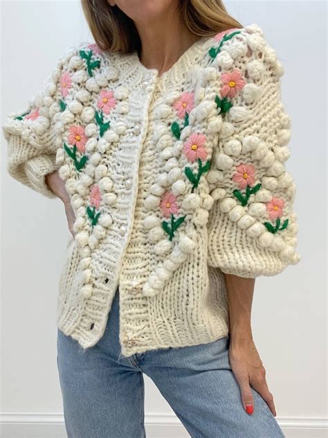 Hand Knit Pearl Button Floral Applique Cardigan Sweater Cardigan