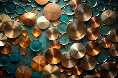 Abstract Metallic Circles In Copper Brass And Bronze Tones Overlapping On A Dark Teal Background